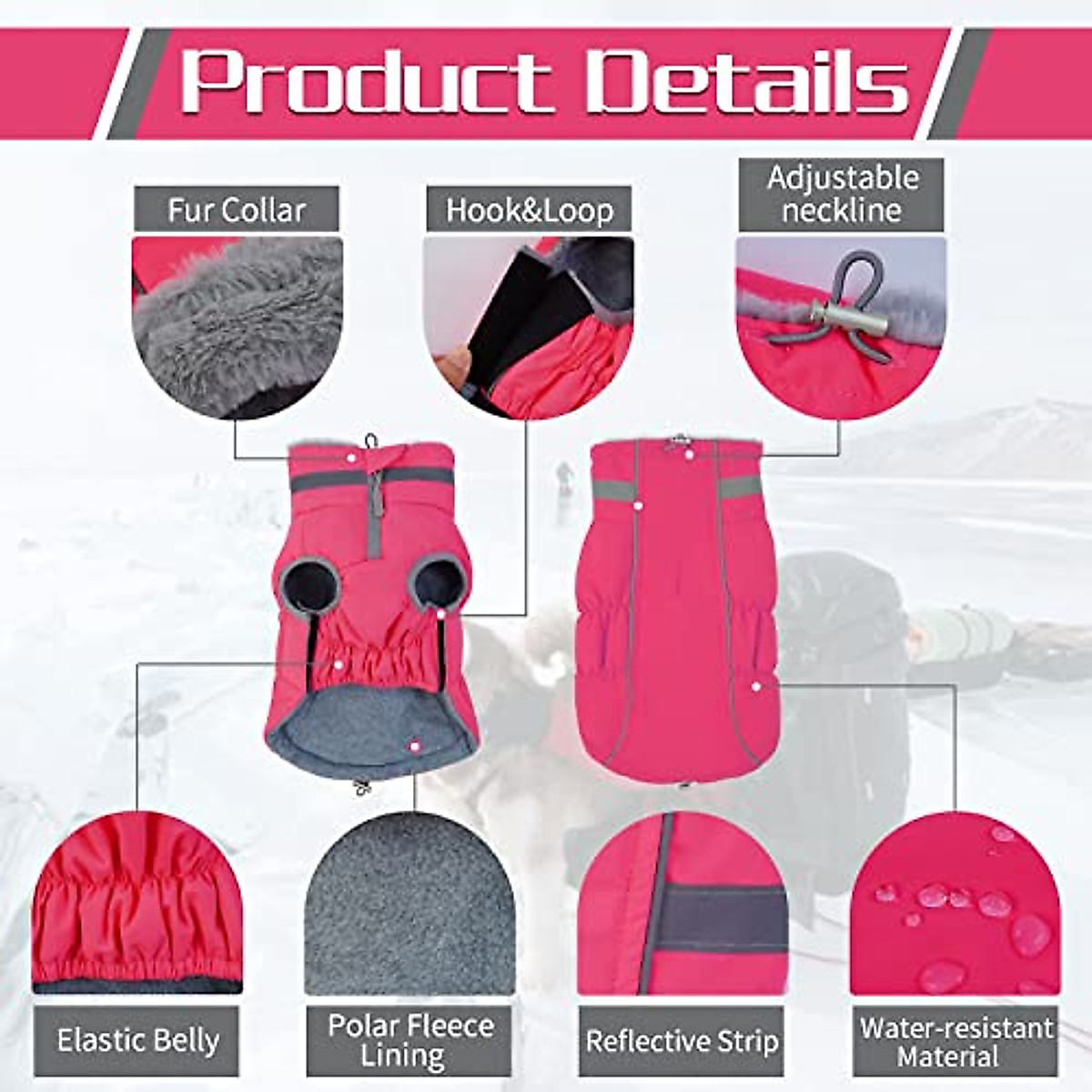 MKubwaa Bright Dog Jacket Dog Coat-Fluorescent Pink Winter Dog Coats for Large Dogs-Fleece Dog Winter Coat-Waterproof Dog Coats for Medium Dogs-Dog Cold Weather Coats with Leash Hole-L