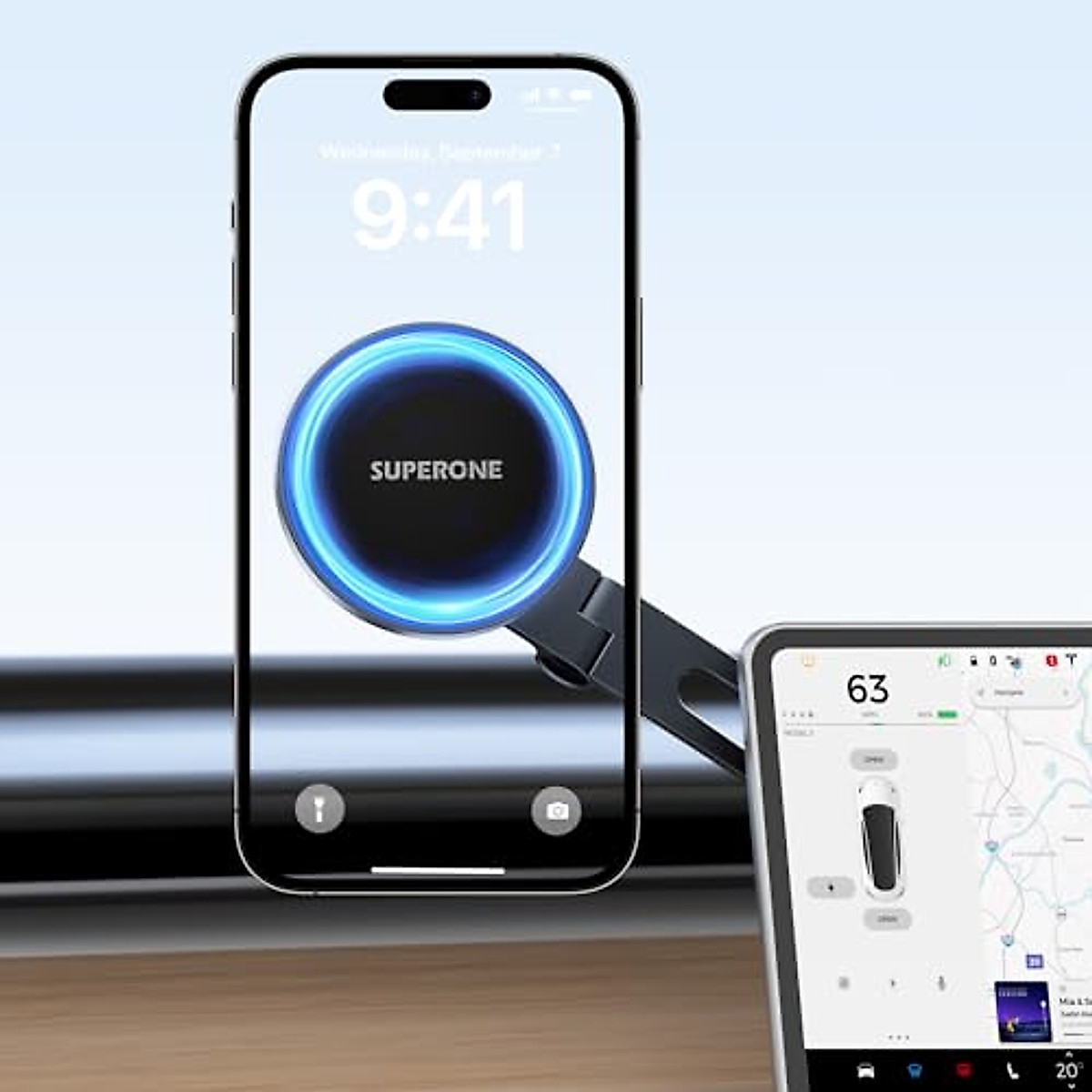 SUPERONE Tesla Phone Mount, Compatible with MagSafe Car Mount for Model 3 & Model Y, [Super Strong Magnet] 360° Rotation for iPhone 15 14 13 Pro/Max MagSafe Case & All Phones, Black