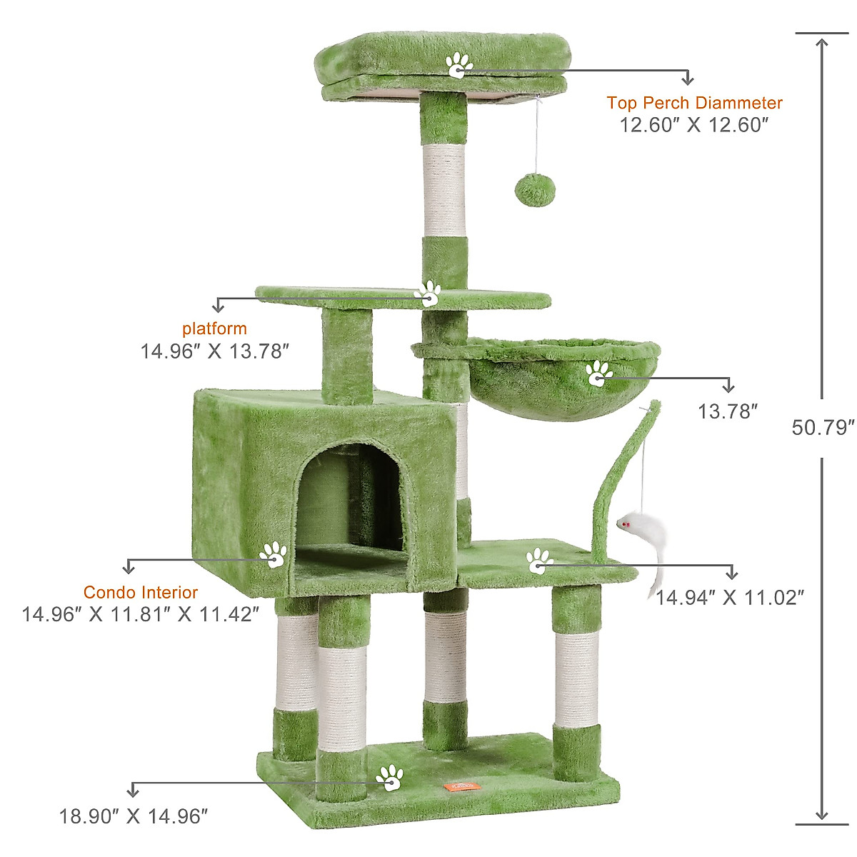 Heybly Cat Tree with Toy, Cat Tower condo for Indoor Cats, Cat House with Padded Plush Perch, Cozy Hammock and Sisal Scratching Posts, Green HCT004GR