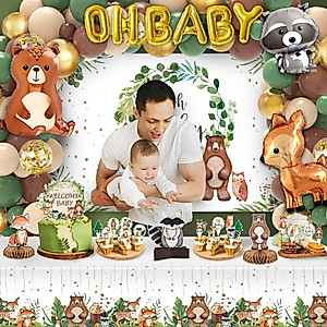 Woodland Baby Shower Decorations Woodland Animals Decoration Forest Animal Neutral Gender Reveal Party Supplies Balloons Backdrop Cake Topper Tablecloth, 84 Pcs Woodland Themed Birthday Party Decor