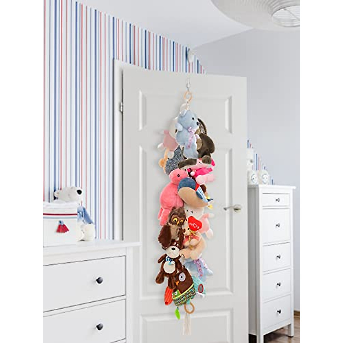 2 Pcs Cotton Boho Macrame Stuffed Animal Hanging Chain- Strong Toy Organizer Storage Chain 78" Handmade Plush Toys Hanging Chain with 40 Clips & 4 Hook Wall Toy Storage Chain Decor for Toys Hats