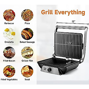 SUSTEAS 3-in-1 Electric Indoor Grill - Panini Press with Non-Stick Cooking Plates, Opens 180-Degree Gourmet Sandwich Maker, Floating Hinge Fits All Foods, Panini Press Grill with Grease Tray
