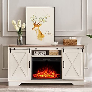 Fireplace TV Stand, Modern Entertainment Center with 23" Electric Fireplace Remote Control for TVs Up to 65", Farmhouse Console Table Barn Door Storage Cabinet for Living Room, Antique White&Rustic