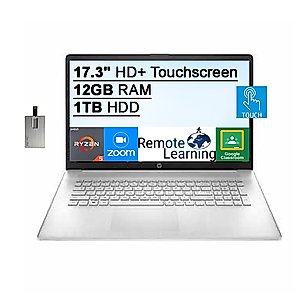 HP 2021 17.3" HD+ Touchscreen Laptop, AMD Ryzen 5-5500U(6-core) Processor, 12GB DDR4 RAM, 1TB HDD, AMD Radeon Graphics, HD Audio, HD Webcam, Numeric Keypad, HDMI, Win10, Silver, 32GB USB Card