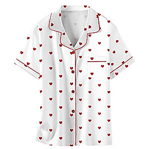 Satin Pajamas for Womens, Silk Pajamas 2 Pcs Button Down Sleepwear Short Sleeve Loungewear Outfit for Womens, D White Heart, US S