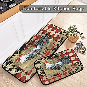 Washable Kitchen Rugs Set 2 Piece Rooster Vintage Domestic Farm Birds Anti Fatigue Floor Mats Bathroom Carpet