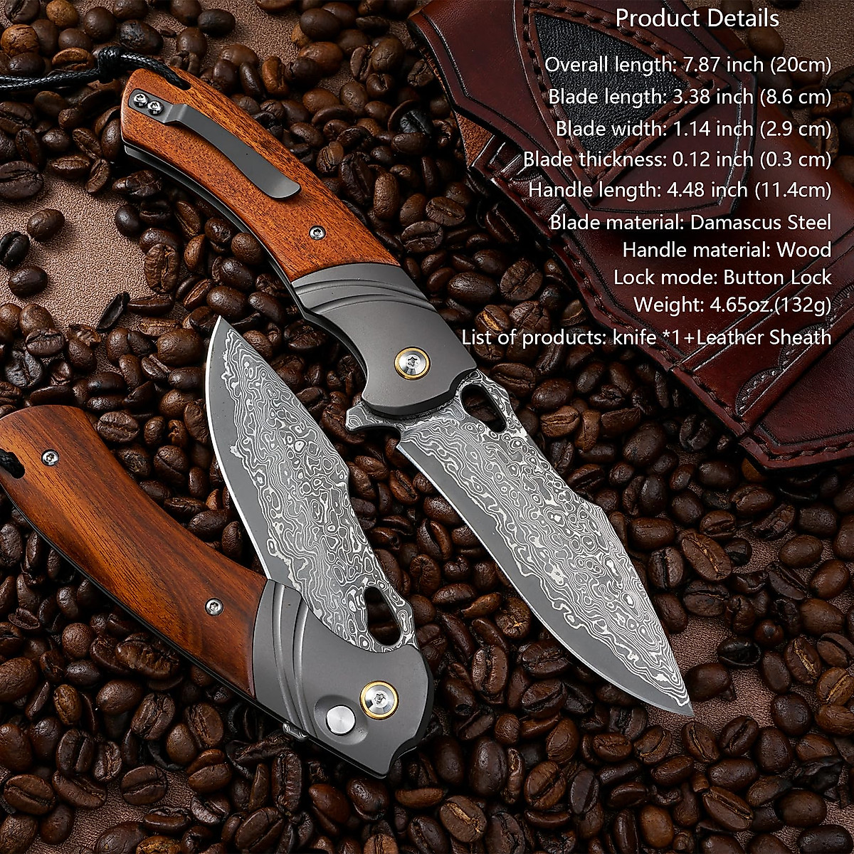 VNLA Pocket Knife,Folding.with Damascus Steel Blade Small Pocket Knife with Pocket Clip. Button Lock Everyday Carry Knife for Men Women Indoor Outdoor Gift