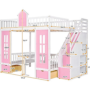 MERITLINE Full Loft Beds with Stairs and Desk, Wooden Castle Shaped Full Over Full Bunk Bed with Changeable Desk,Storage Bunk Bed with Drawers for Kids Girls Boys Teens, Pink