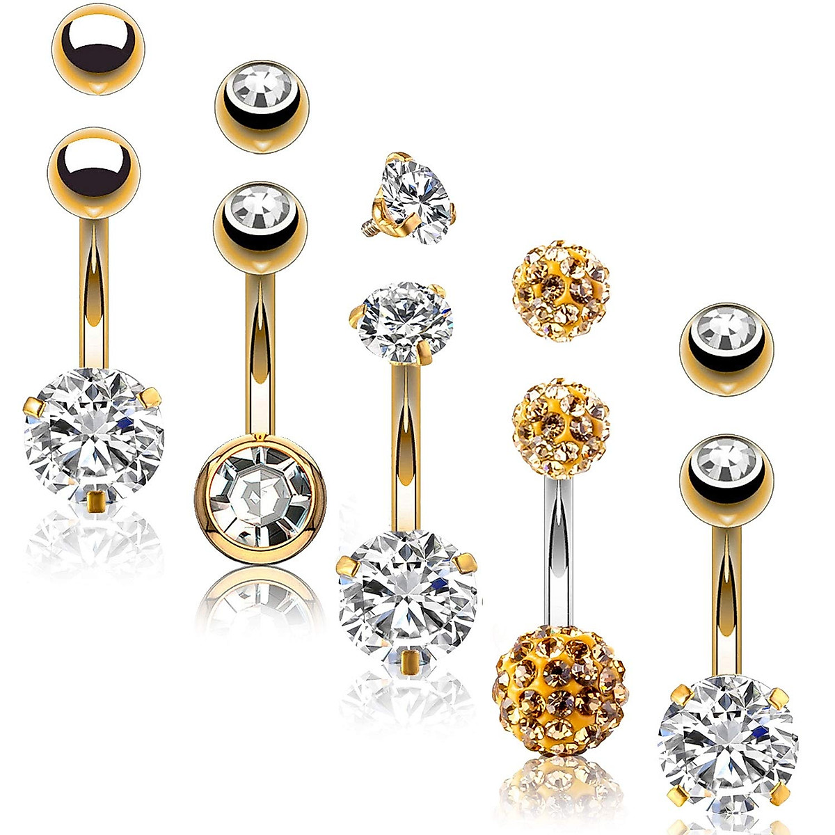 BodyJ4You 5PC Belly Button Rings Set - 14G - Goldtone Surgical Stainless Steel - Shiny CZ Crystals - Clear Disco Ball - Replacement Extra Pack - Women Body Piercing Jewelry