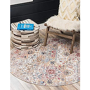 Unique Loom Basilica Collection Traditional Bohemian Colorful Vintage Beige Round Rug (5' 0 x 5' 0)