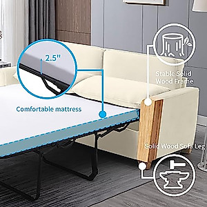 Mjkone 2-in-1 Pull Out Sofa Bed, Full Size Velvet Sleeper Sofa Bed with Folding Mattress, Pull Out Couch Bed for Living Room, Sofa Sleeper for Apartment/Small Spaces (Full, Beige)