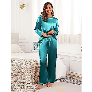 Bloggerlove Silk Pajamas for Women Long Sleeve Satin Loungewear Two-Piece Sleepwear Pullover Pj Set Outfit Green