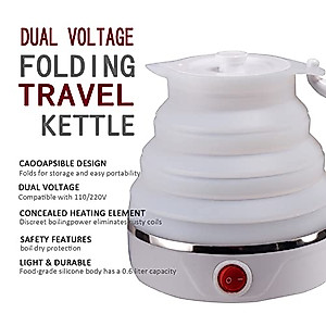 T-magitic Travel Kettle, Fordable Electric kettle, Collapsible Kettle Dual Voltage,boil water, with make tea coffee,Food Grade Silicone Small Electric Kettle（600ML,110V/220V ） (White)