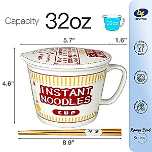 BF BEVYFOG Ramen Bowl Set with Chopsticks 32 OZ Large Ceramic Instant Ramen Noodle Bowls with Lid Gift Wrap Cute Japanese Soup Bowl with Handle, Microwave Safe (Red)