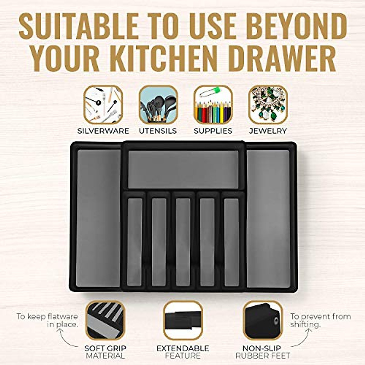 ELTOW Expandable Silverware Drawer Organizer & Utensil Tray Set, Non-Slip Kitchen Drawer Organizers and Storage, Kitchen Organization for Utensils, Cutlery, Office Supplies, Flatware Storage - Black