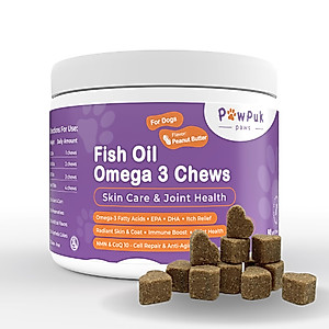 PawPuk Paws Omega 3 Fish Oil Chews for Dogs - EPA & DHA for Skin & Coat Health Plus Overall Health, Itch Relief, Joint & Mobility Support, CoQ10 & NMN - Natural Anti-Aging Supplement for Dogs