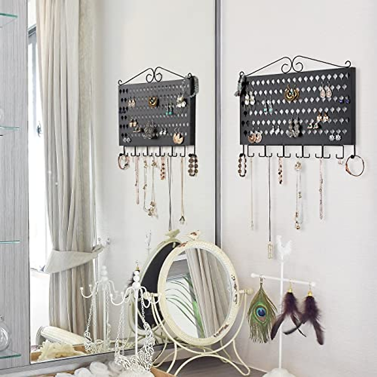 JackCubeDesign Wall Mounted Jewelry Organizer, Earring Necklace Bracelet Holder Display Hanger with 117 Holes & 12 Hooks (Black, 16.54 x 12.2 x 0.75 inches) - MK319A