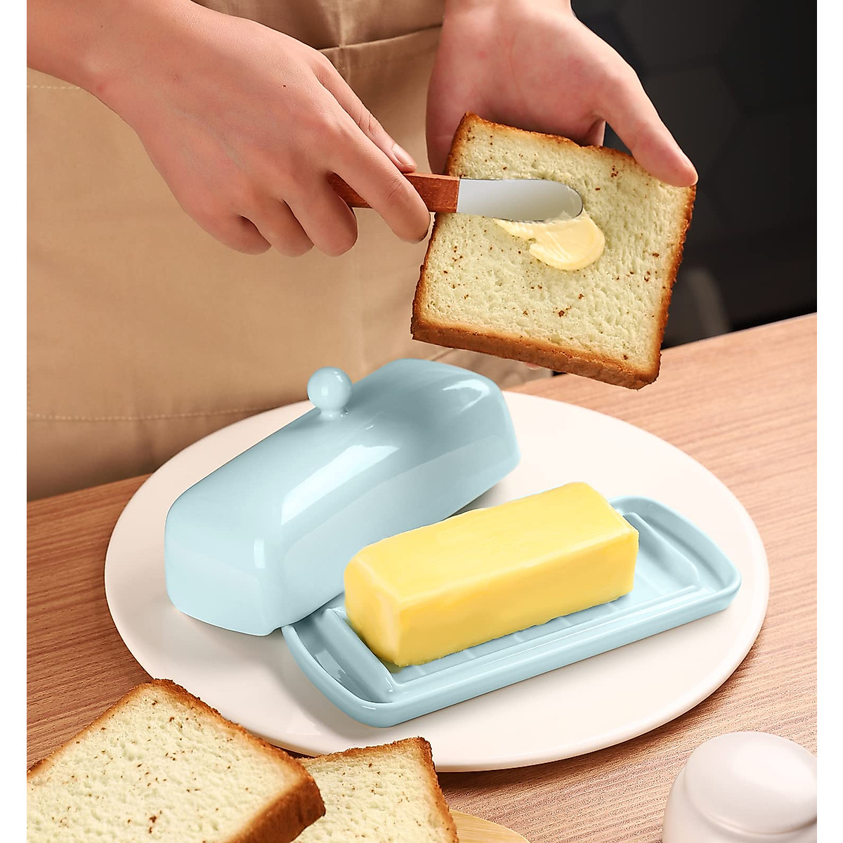 Nucookery Ceramic Butter Dish with Lid | Raised Legs and Non-Slip Strip Design | Porcelain Health | Dishwasher Safe, Lake Blue