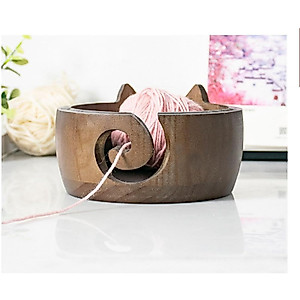 Cute Cat Yarn Bowl, New Yarn Bowls Yarn Storage Bowl with Carved Holes & Drill, Creative Wooden Handmade Round Woolen Bowl for DIY Knitting Crocheting Accessories (Orange)