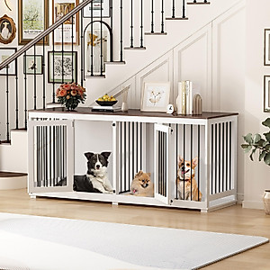 DAWNSPACES Double Dog Crates Furniture for Large Dogs, 71" Heavy Duty Wooden Large Dog Kennel with Removable Divider for 2 Dogs, Indoor Furniture Style Dog Crate House TV Stand, White
