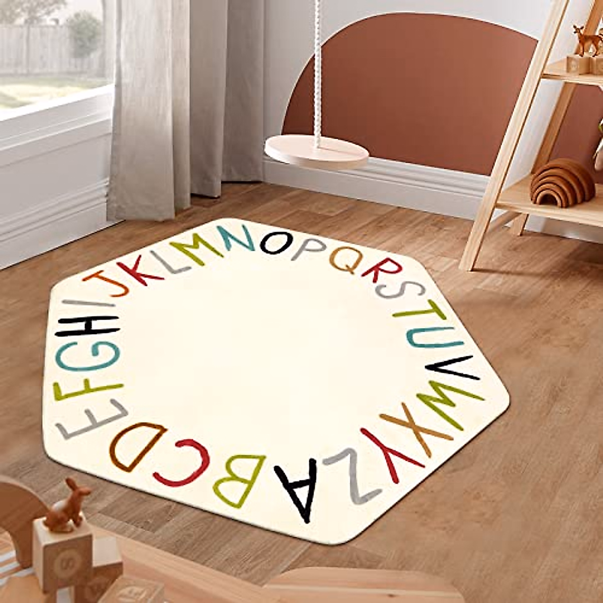 STARUIA Colorful ABC Kids Rug Play Mat for Playroom, 55"x47" Hexagon Washable Nursery Rug for Boys Girls Bedroom, Non-Slip Educational Rainbow Carpet for Classroom Reading Room