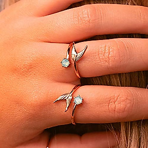 Pura Vida Rose Gold Disney Little Mermaid Fin Open Ring w/Opal Stone - Textured Charm, Brass Base - Size 6