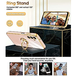 LeYi for Samsung Galaxy A14 5G Case with Tempered Glass Screen Protector [2 Pack] 360° Rotatable Ring Holder Magnetic Kickstand, Plating Rose Gold Edge Protective Case, Pink