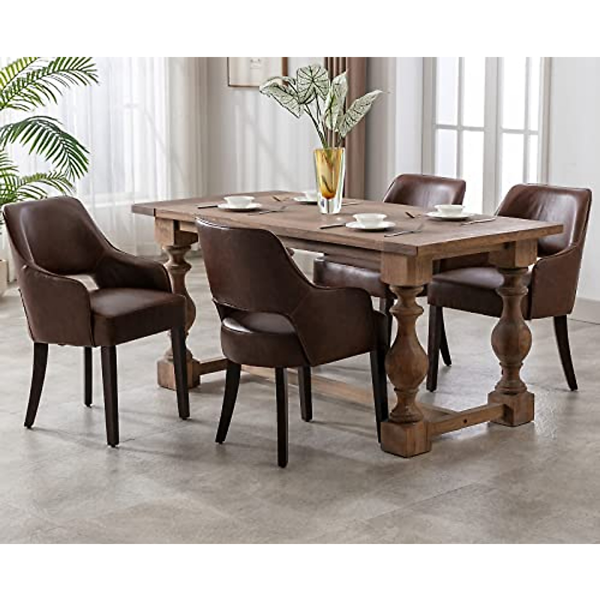 Kmax PU Leather Dining Chairs Set of 2 Upholstered Side Chairs Farmhouse Accent Chairs with Open Back Wood Legs for Dining Room Guest Room Restaurant, Brown