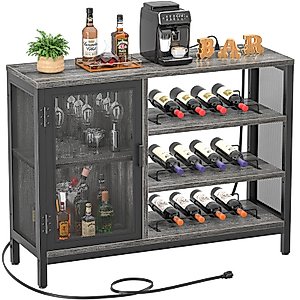 Homieasy Wine Bar Cabinet with Power Outlets, Industrial Bar Cabinets for Liquor and Glasses, Farmhouse Mini Coffee Bar Liquor Cabinet Bar for Home with Removable Wine Racks, Balck Oak