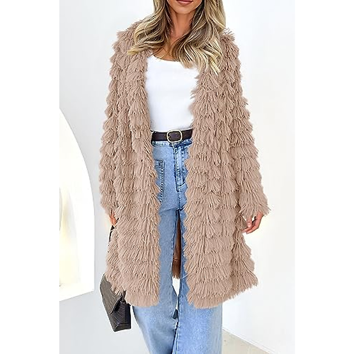 PRETTYGARDEN Women's Winter Faux Fur Jackets Fall Fashion Open Front Long Shaggy Coat Outerwear (Dark Khaki,Large)