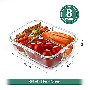 HOMBERKING 8 Pack Glass Meal Prep Containers 3 Compartment, 33oz Glass Food Storage Containers with Lids, Airtight Glass Lunch Bento Boxes, BPA-Free & Leak Proof (Set of 8) - White
