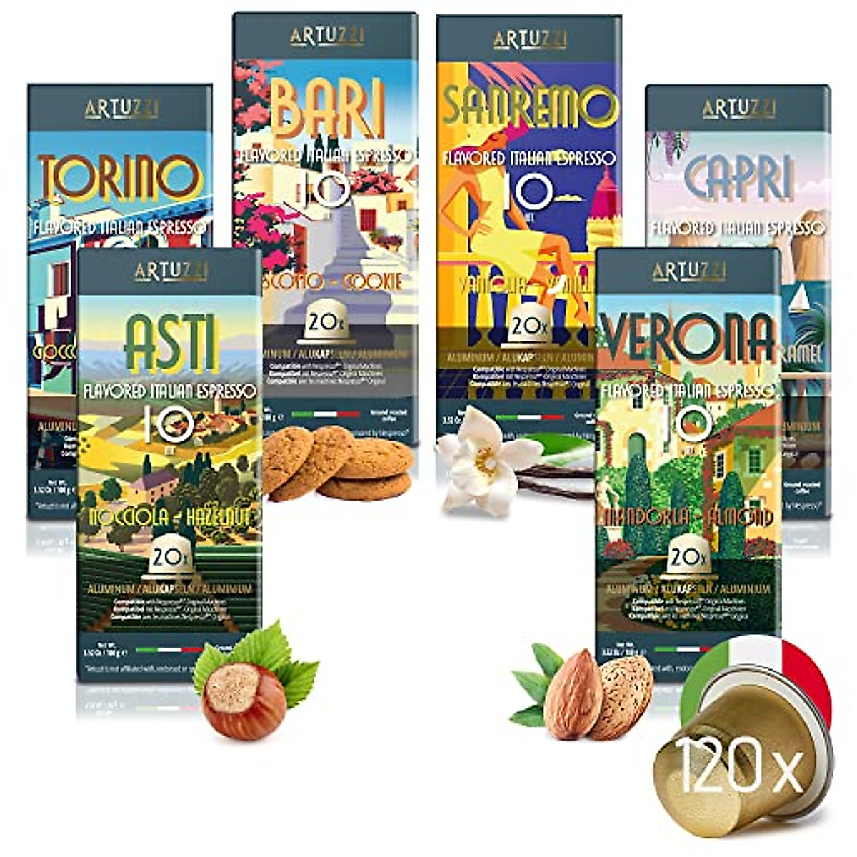 Artuzzi 120ct Flavored Espresso Pods for Nespresso Original Machines | Caramel Chocolate Vanilla Cookie Almond Hazelnut I Italian Coffee Capsules Aluminum & Recyclable