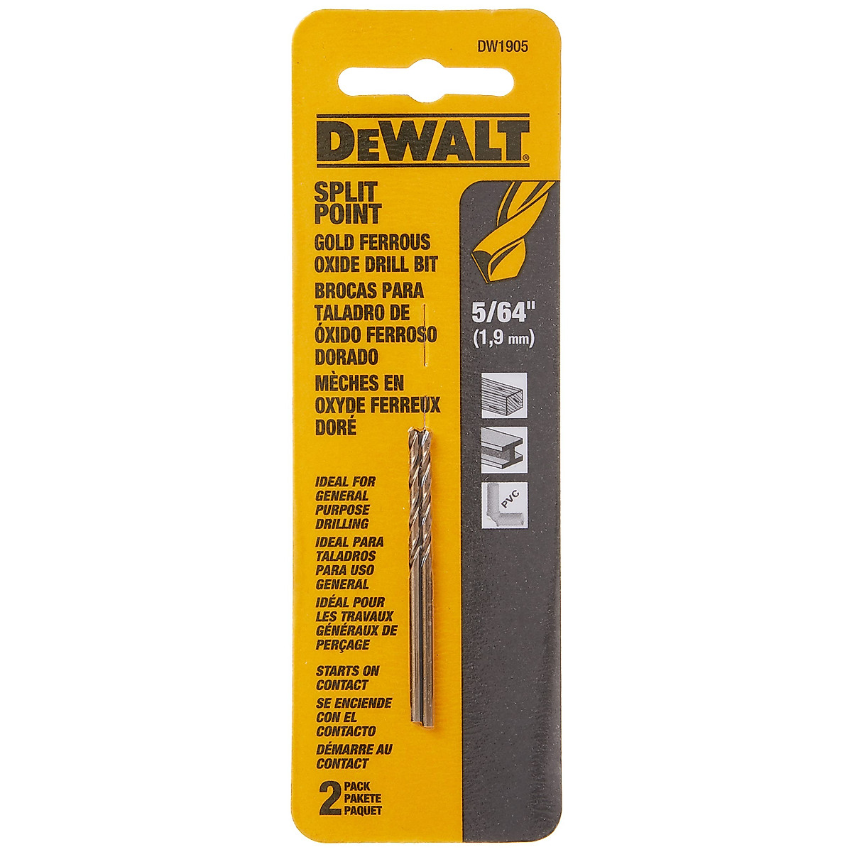 DEWALT DW1905 5/64-Inch Gold Ferrous Oxide Split Point Twist Drill Bit, 2-Pack