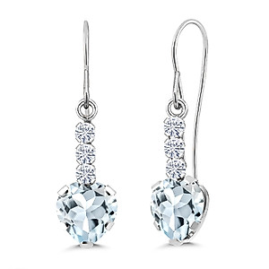 Gem Stone King 925 Sterling Silver Sky Blue Aquamarine and White Moissanite French Wire Dangle Earrings For Women (1.69 Cttw, Gemstone March Birthstone, Heart Shape 6MM)