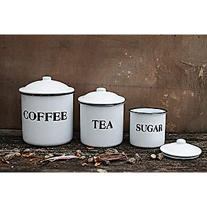 Creative Co-Op Farmhouse Enameled Metal Containers with "Coffee", "Tea", and "Sugar" Messages, White and Black, Set of 3 Sizes