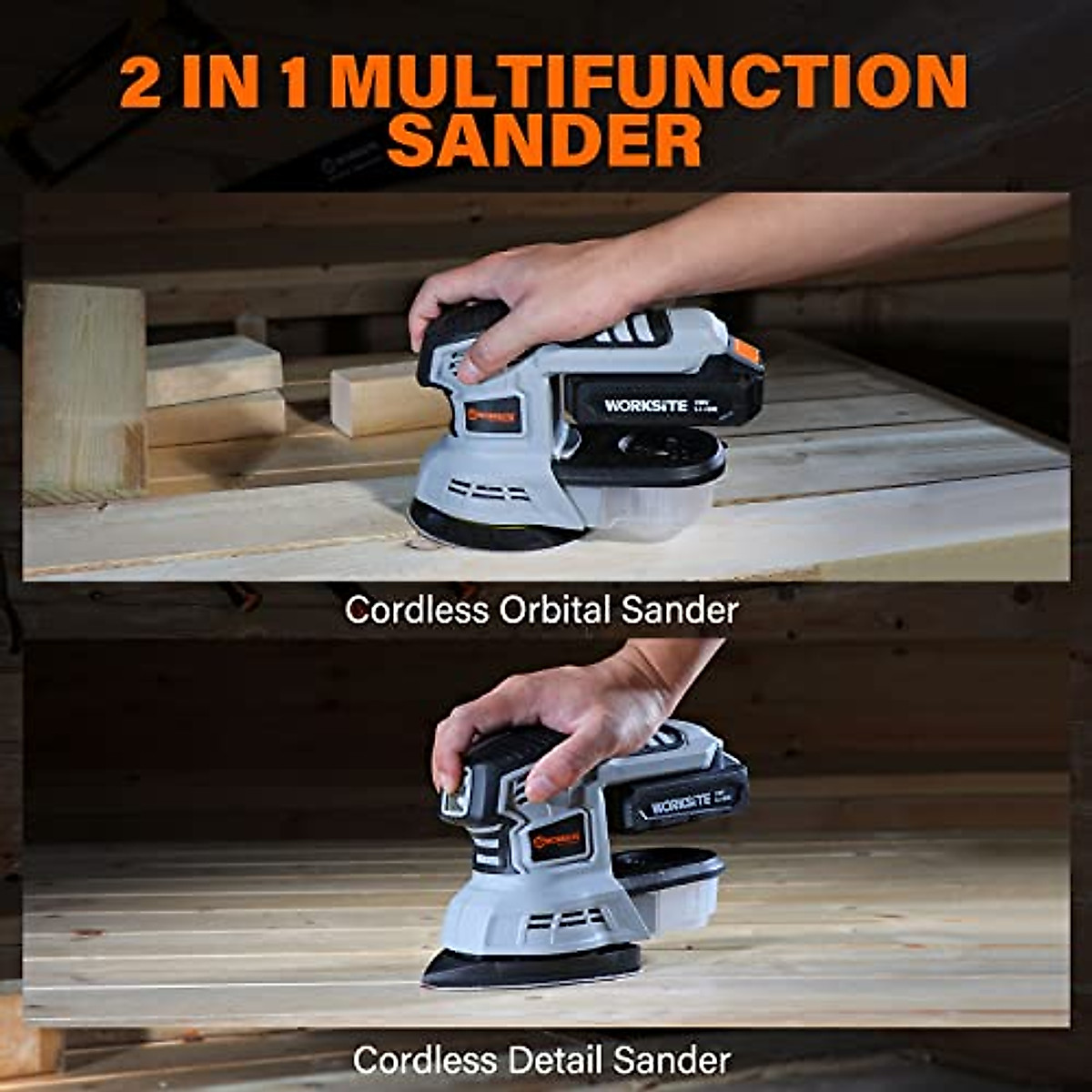WORKSITE 20V MAX Cordless Random Orbital Sander & Detail Sander, Multi-Purpose Hand Sander w/2.0A Battery & Charger, 20pcs Sanding Discs, Dust Collector and Mouse Pad
