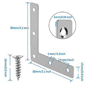 10 Pieces Stainless Steel L Braces (3.1 x 3.1 inch，80 x 80 mm) Flat Corner Braces, Corner Brackets Joint Right Angle Bracket, 55 Pieces Screws Included