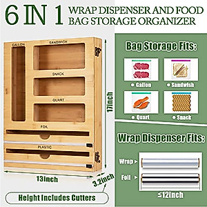 BHLVXCC Ziplock Bag Organizer Bamboo for Drawer, Foil and Plastic Wrap Organizer with Cutter, 6 in 1 Wrap Dispenser with Cutter, Baggie Organizer Suitable for Gallon Quart Sandwich & Snack Bag