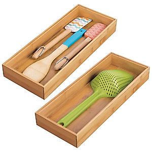 mDesign Wooden Bamboo Drawer Organizer - 15" Long Stackable Storage Box Tray for Kitchen Drawers/Cabinet - Utensil, Silverware, Spatula, and Flatware Holder - Echo Collection - 2 Pack, Natural Wood