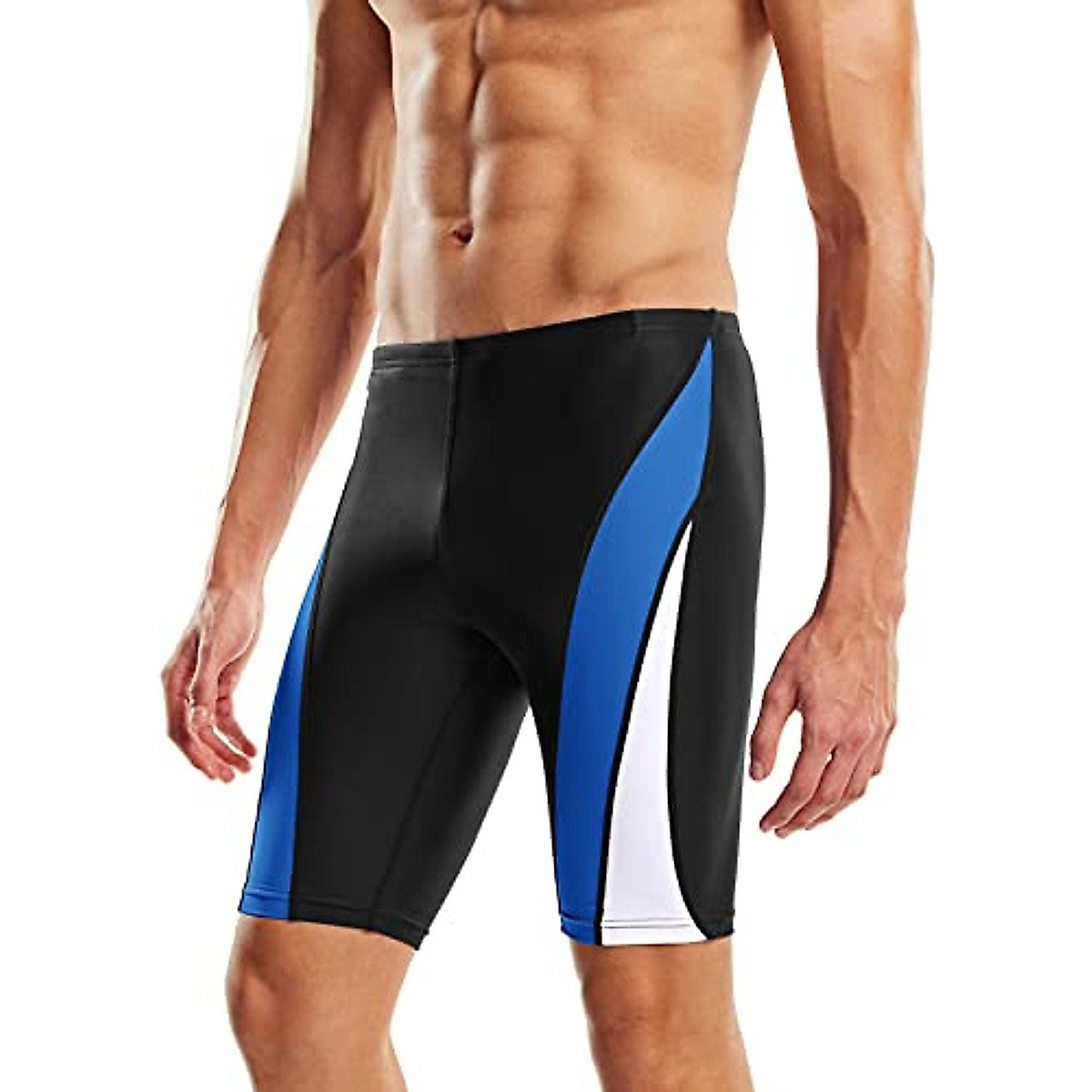 TSLA Men's Swim Jammers, Athletic Racing Swimming Shorts Trunks, UPF 50+ Sun Protection Endurance Triathlon Swimsuit, Splice Black & Blue & White, 40
