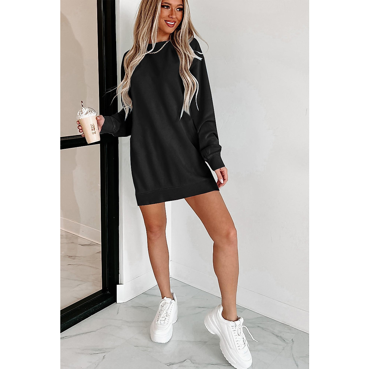 LuckyMore Plain Black Long Sleeve Sweatshirt Women Crewneck Loose Fit Sweatshirts Casual Clothes Fall Winter Fashion Large