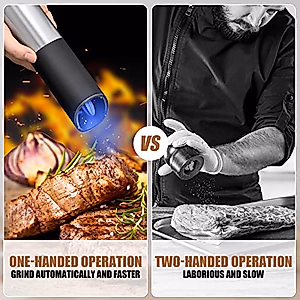 Gravity Electric Salt and Pepper Grinder Set Battery Operated,One Hand Operation Automatic salt and pepper grinder set,Electric Salt and Pepper Shakers with LED Light,Adjustable Coarseness(2 PCS)
