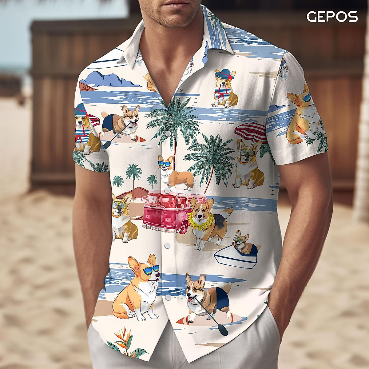 Corgi Men's Hawaiian Shirt - Summer Beach Unisex Shirt, Dad & Men Birthday Gifts (Large)