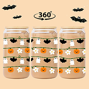 Lovearth Halloween Pumpkin Ghost String Lights Cup, Fall Cup, Halloween Bats Cup, 16oz Halloween Glass Cup with Lid & Straw, Spooky Gifts, Halloween Gifts for Women, Men, Teens, Halloween Lovers