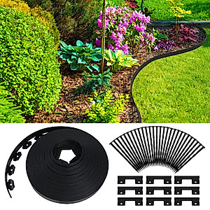 Queekay Landscape Edging Kit 148 ft with 70 Spikes 20 Connectors No Dig Plastic Border for Garden, Lawn, Yard, Pathway(Black,2 Inch)