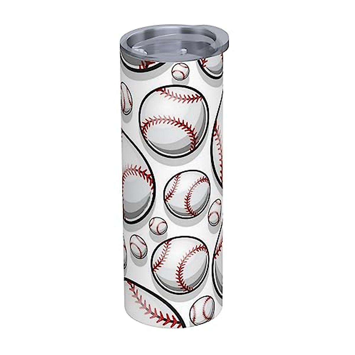 Stainless Steel Skinny Tumbler Baseball Pattern Travel Cup 20 Oz Double Wall Slim Insulated Coffee Mug With Splash Proof Lid & Straw & Cleaning Brush For Home Office