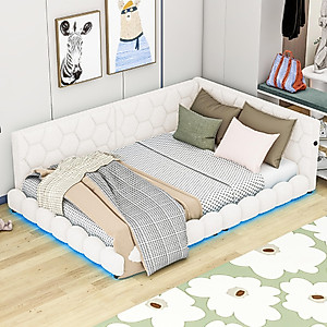 KLMM Stylish Full Size Upholstered Platform Bed Daybed with USB Ports and LED Belt,for Small Spaces Bedroom Living Room Use (White@LED, Full)