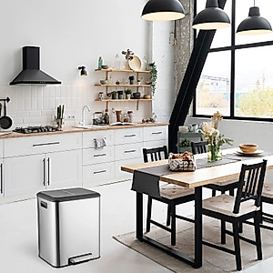 Fashionwu 30 Liter/8 Gallon Trash Can, Rectangular Dual Compartment Kitchen Trash, Stainless Steel Garbage Can with 2 x 15L Inner Buckets, Smudge Resistant Trash Can with Lid & Foot Pedal, Hands-Free