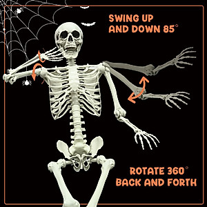 Halloween Skeleton, Full Size Skeleton Skull Decor with Movable Posable Joints for Halloween Front Yard Patio Lawn Garden Props Spooky Party Decoration