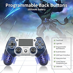 PSKONTORORA Controller for P4 Remote Control Compatible with Playstation 4/Slim/Pro/PC, Wireless Gaming Controllers with Double Vibration/6-Axis Motion Sensor/Programmable Back Buttons【Upgraded】